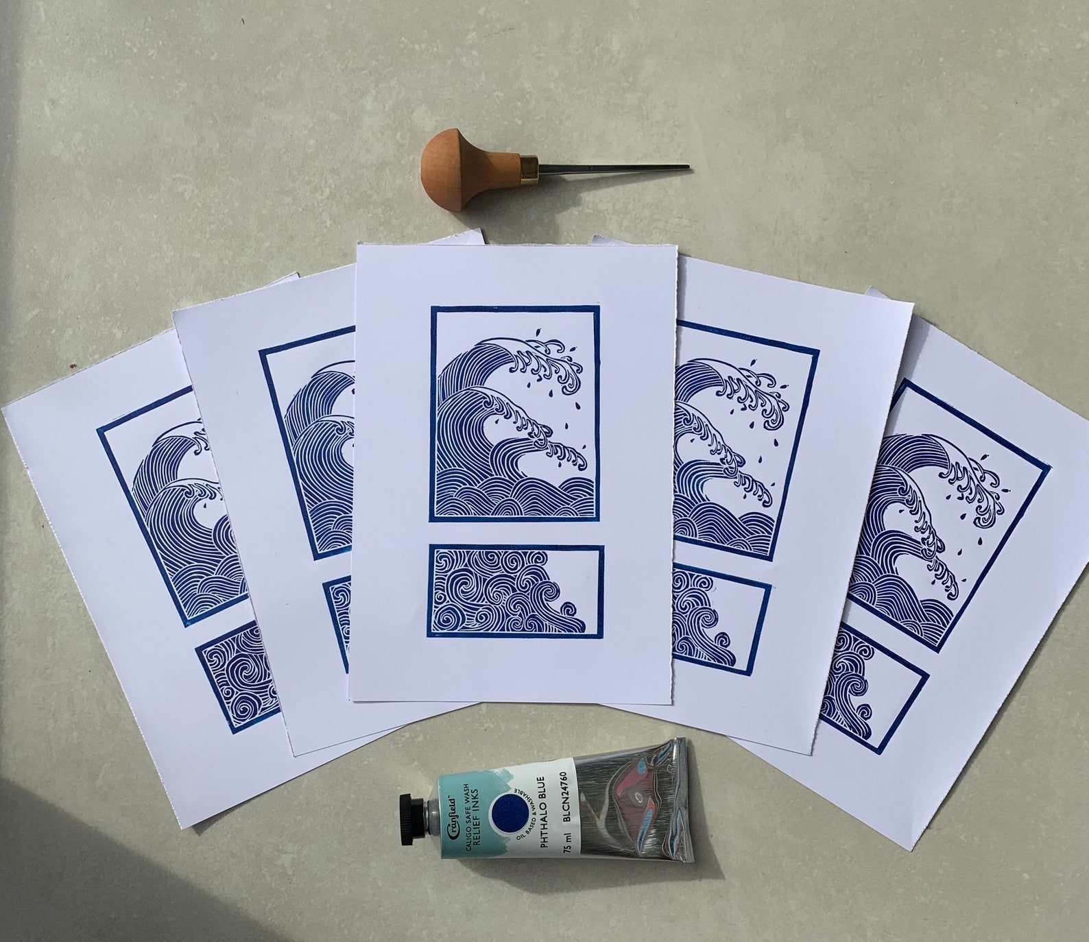 Waves A5 Original Linocut Print Wave Lino Print Waves | Etsy