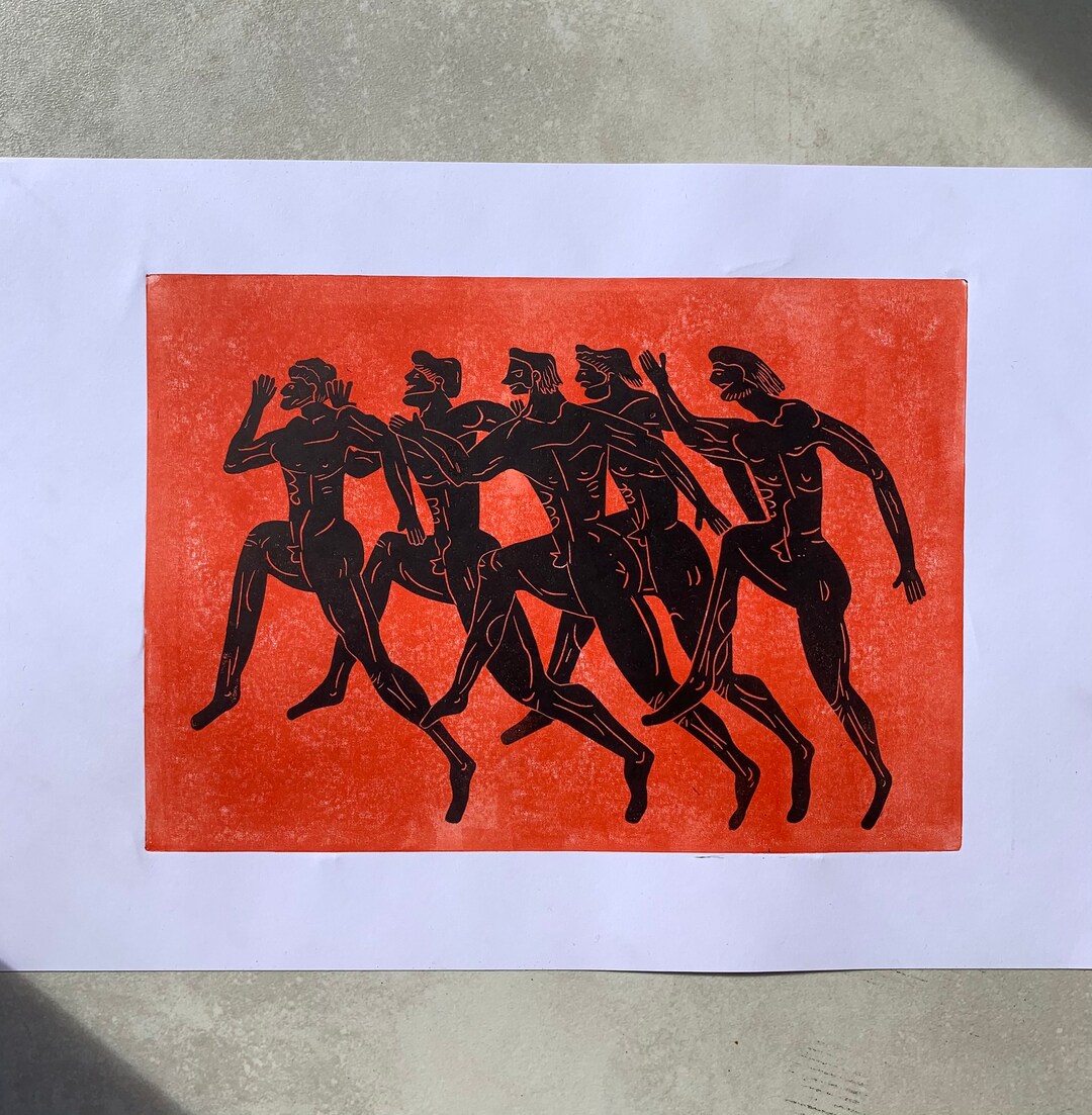 THE FOOTRACE A3- Original Linocut Print, Greek Mythology Print, Ancient ...