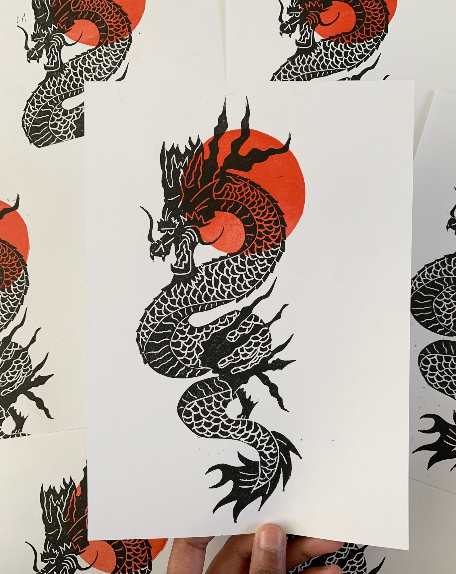 AQUA A5- Original Linocut Print, Dragon Print, Lino Print, A5 Print ...
