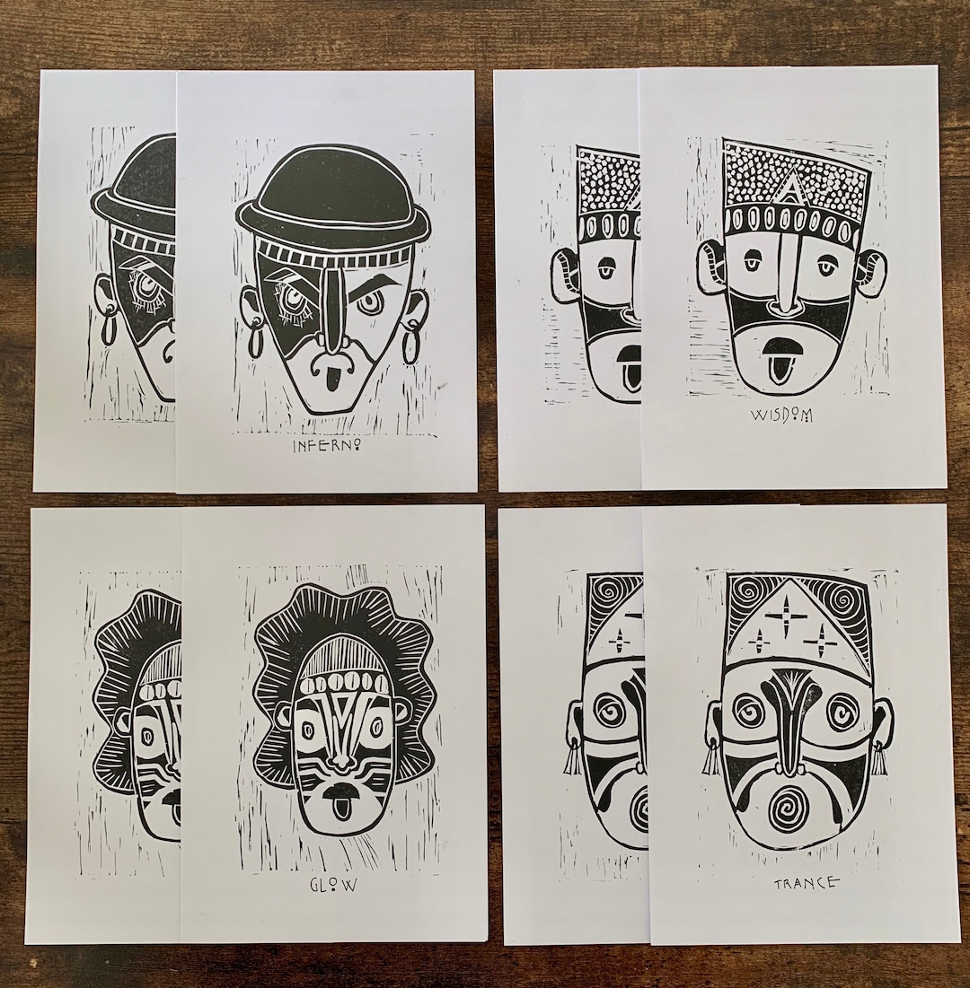 BALI FACES- Original Linocut Print, Bali Inspired, Funky Face, Abstract ...