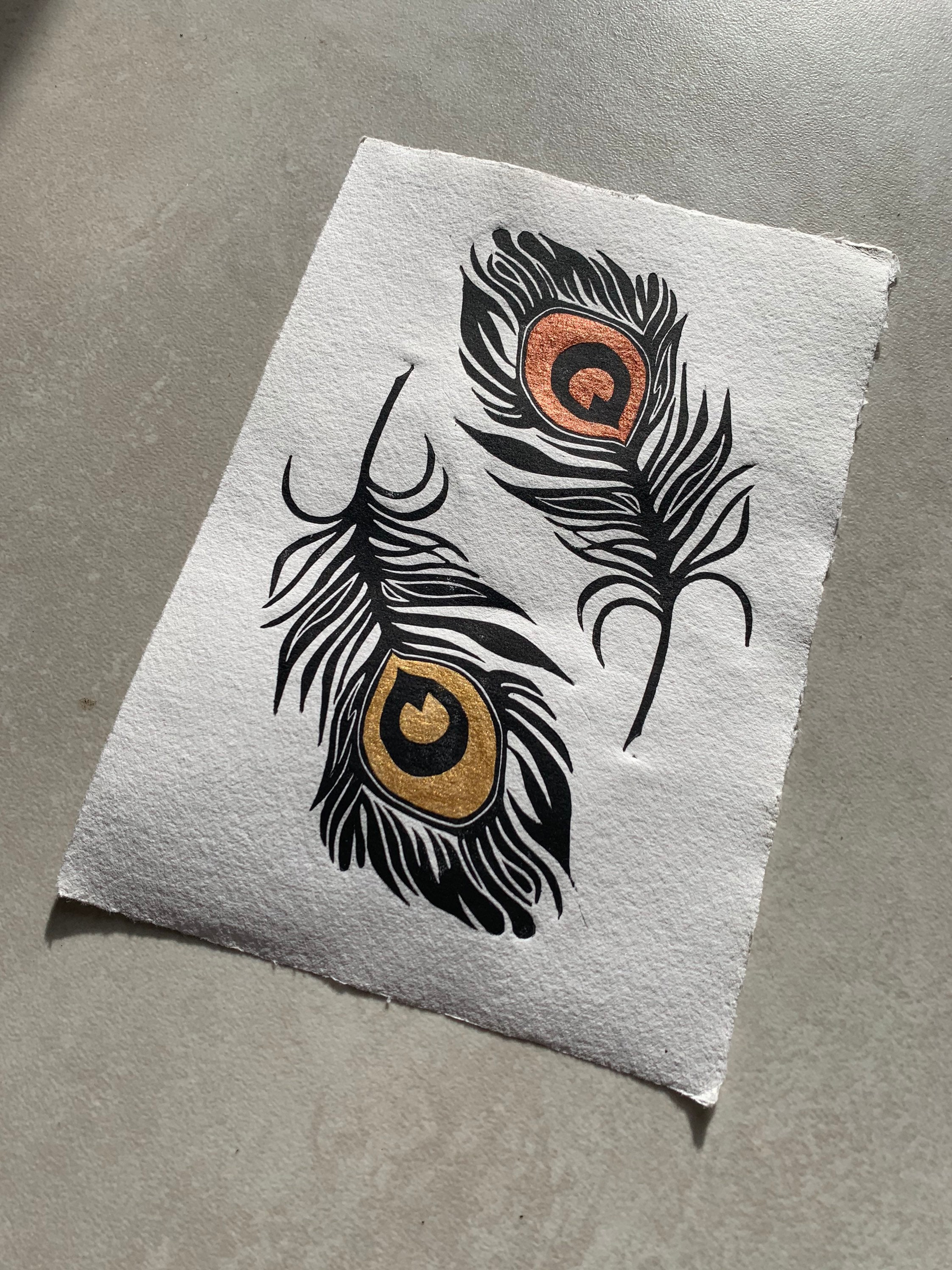 BALANCE A5- Original Linocut Print, Peacock Feather Print, Peacock Art ...