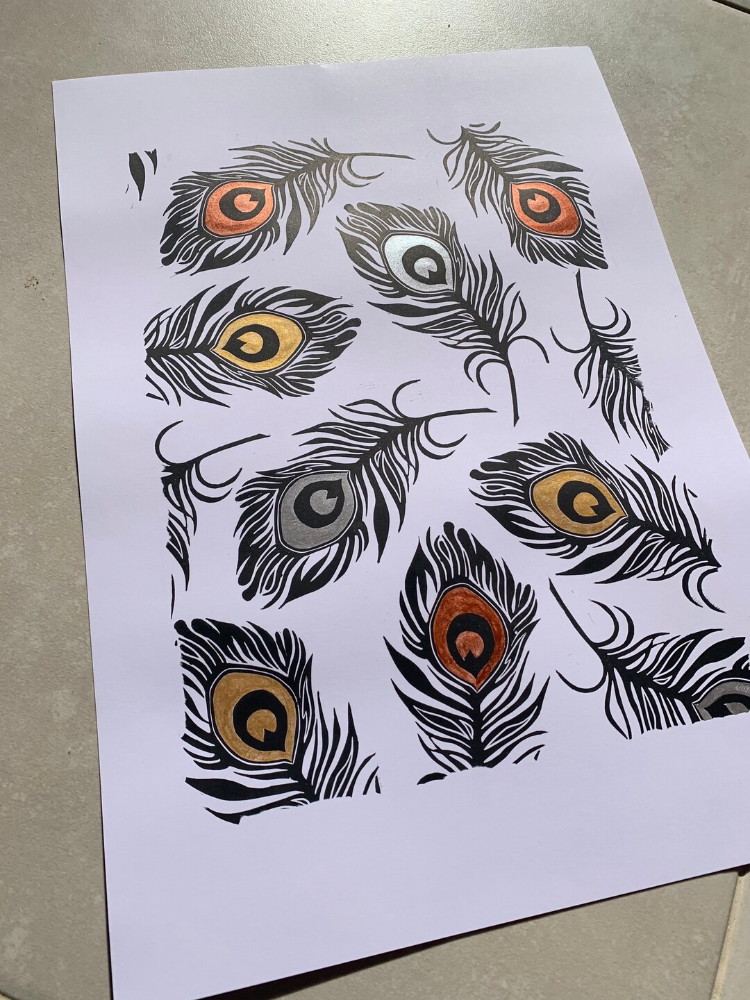 GOOD FORTUNE A3- Original Linocut Print, Peacock Feathers Art, Feather ...