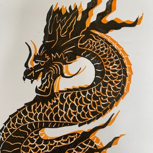 AQUA A5- Original Linocut Print, Dragon Print, Lino Print, A5 Print ...