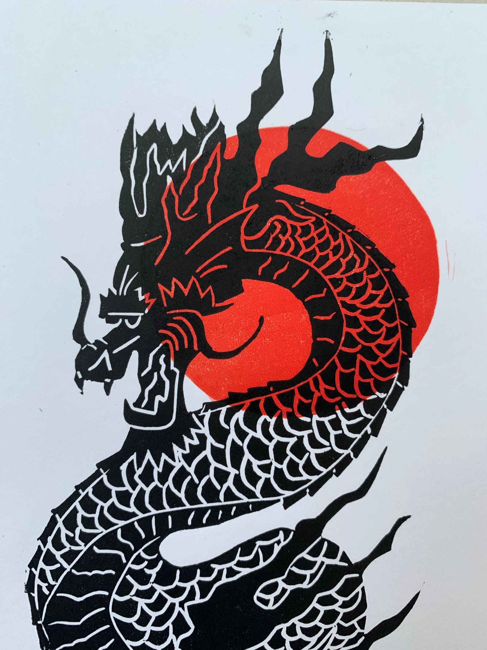 AQUA A5- Original Linocut Print, Dragon Print, Lino Print, A5 Print ...