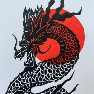 AQUA A5- Original Linocut Print, Dragon Print, Lino Print, A5 Print ...