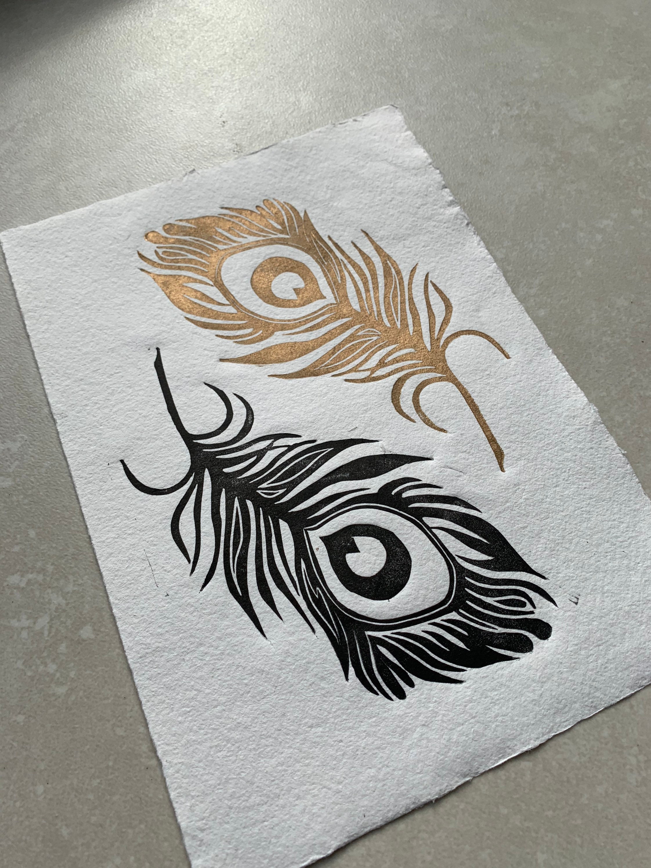 HARMONY A5- Original Linocut Print, Peacock Feather Print, Peacock Art ...