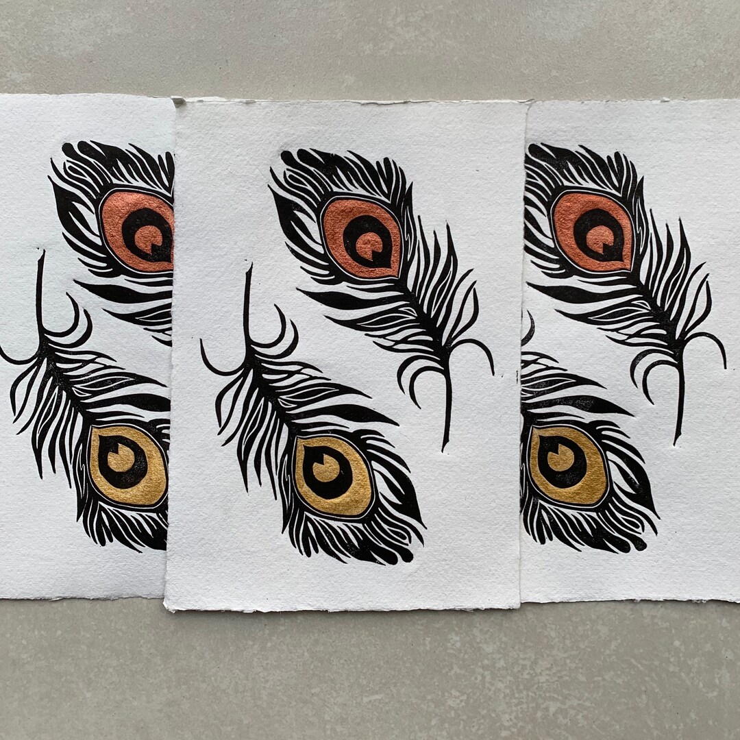 BALANCE A5- Original Linocut Print, Peacock Feather Print, Peacock Art ...
