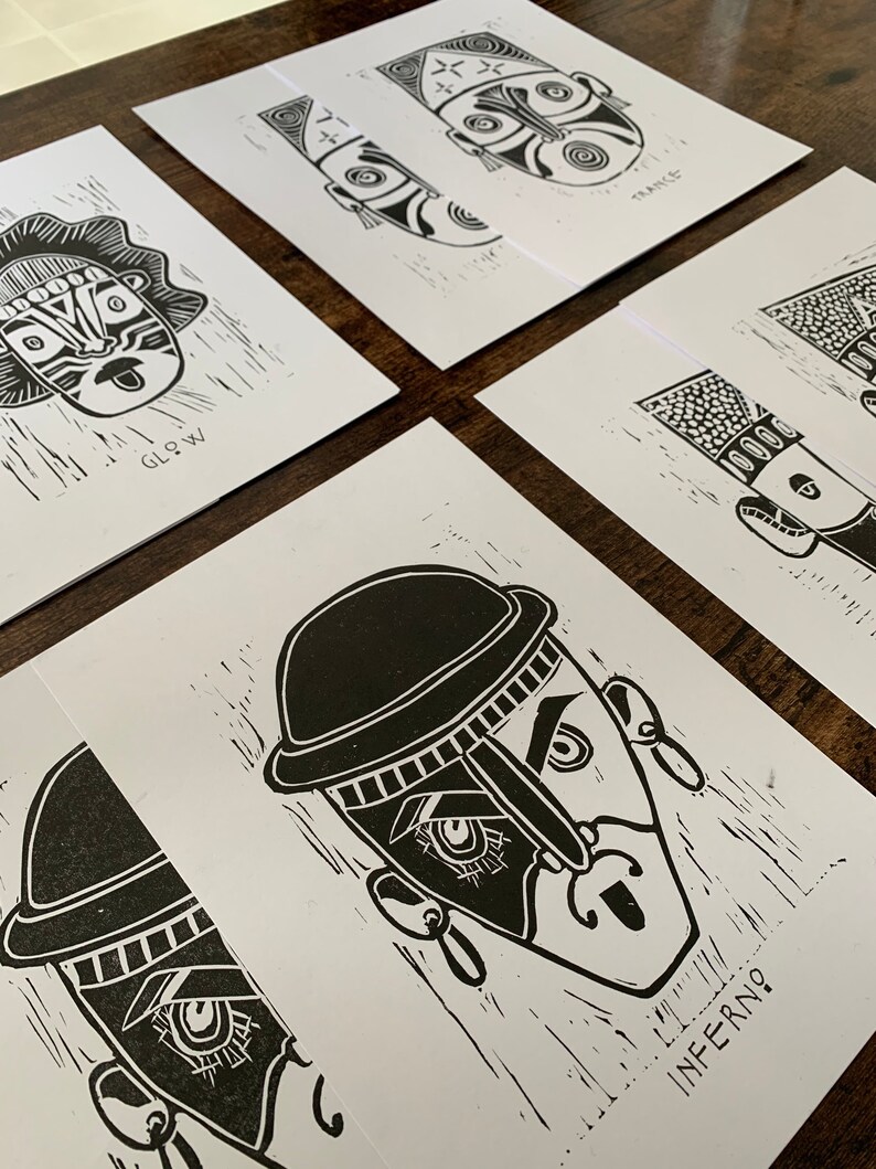 BALI FACES- Original Linocut Print, Bali Inspired, Funky Face, Abstract ...