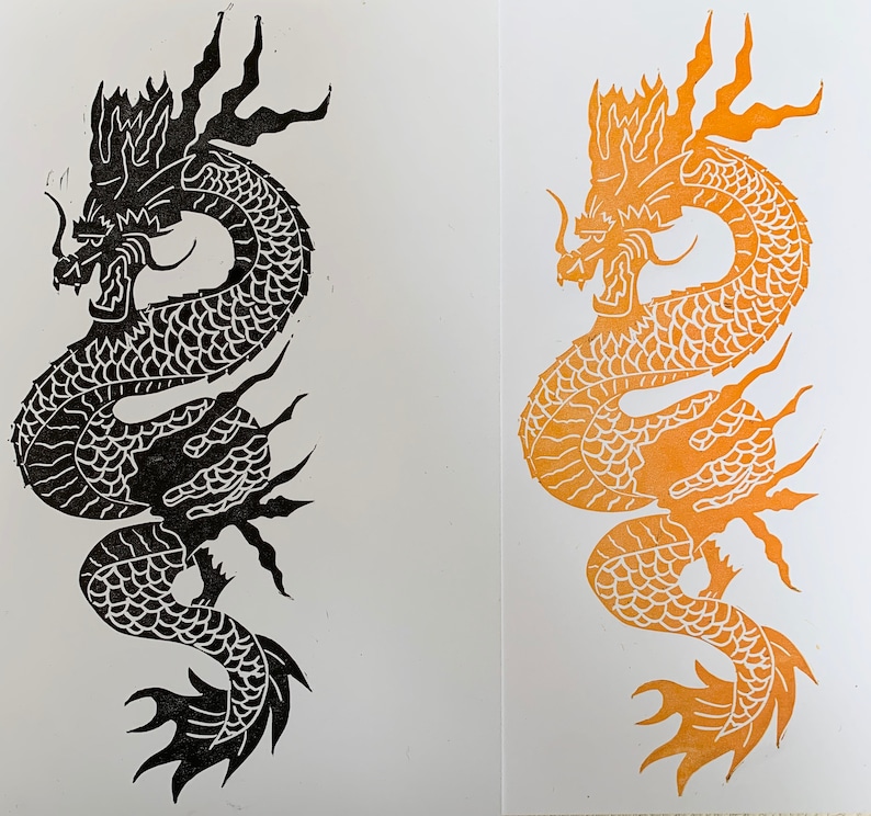 AQUA A5- Original Linocut Print, Dragon Print, Lino Print, A5 Print ...