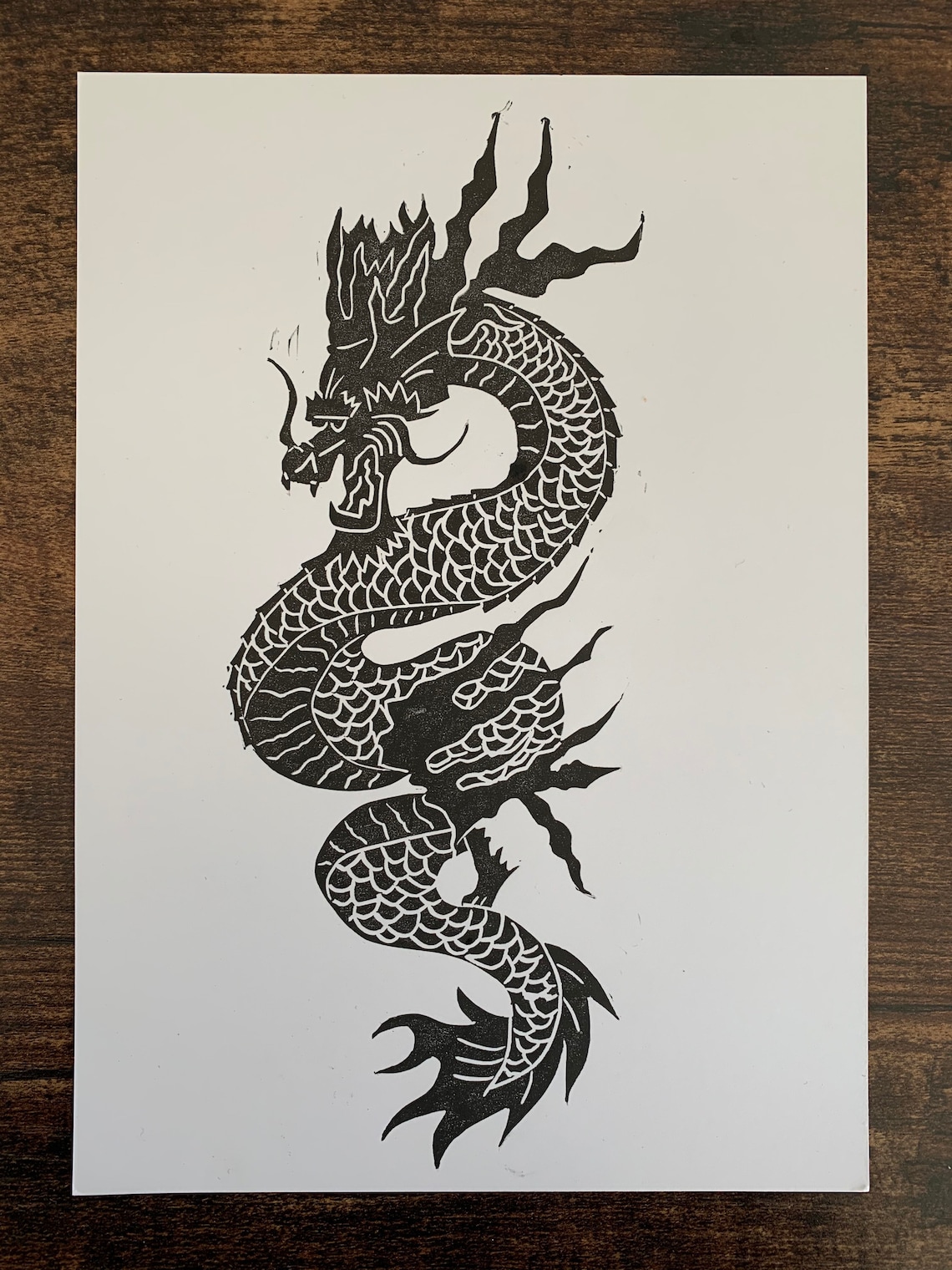 AQUA A5- Original Linocut Print, Dragon Print, Lino Print, A5 Print ...