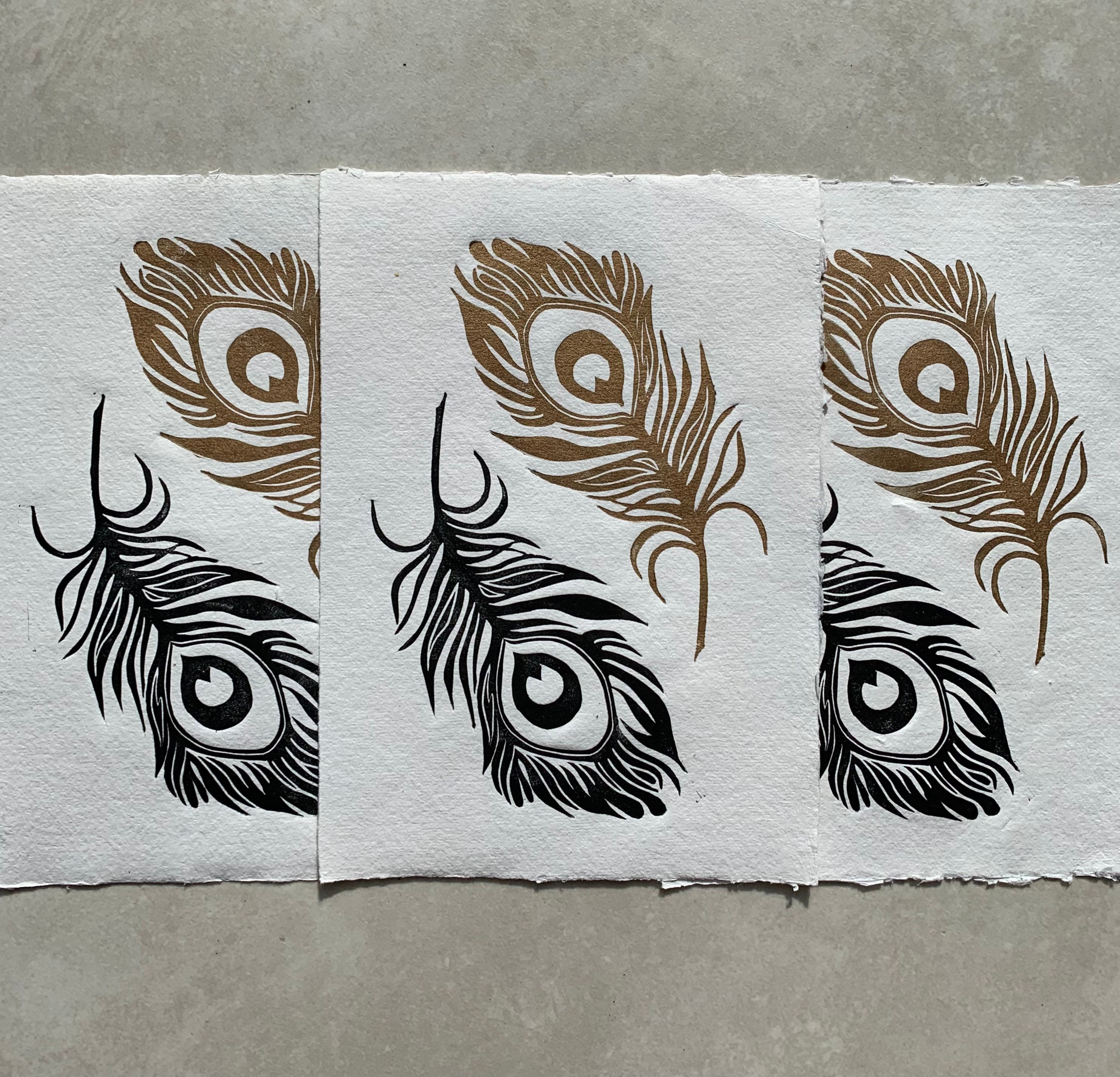 HARMONY A5- Original Linocut Print, Peacock Feather Print, Peacock Art ...