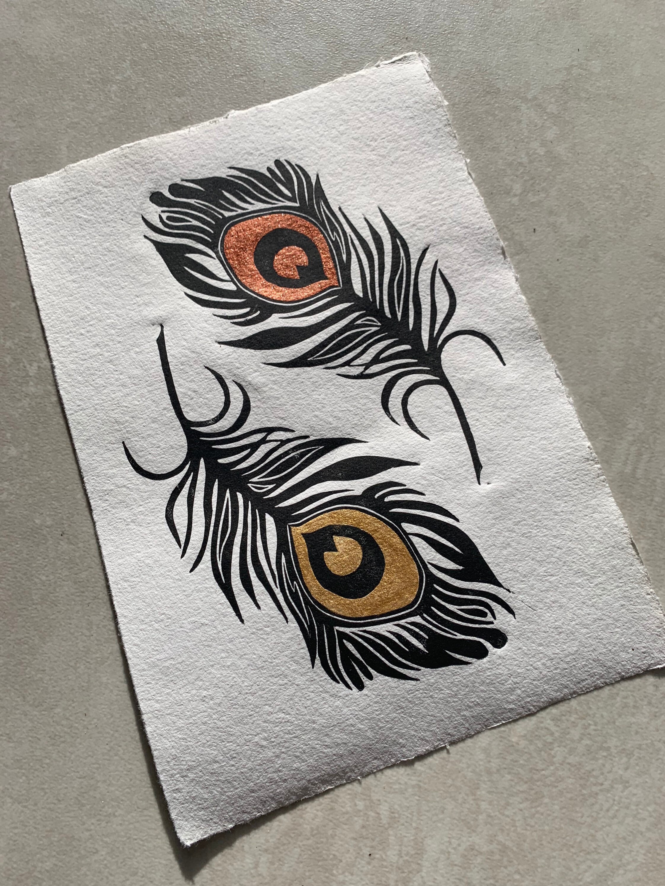 BALANCE A5- Original Linocut Print, Peacock Feather Print, Peacock Art ...