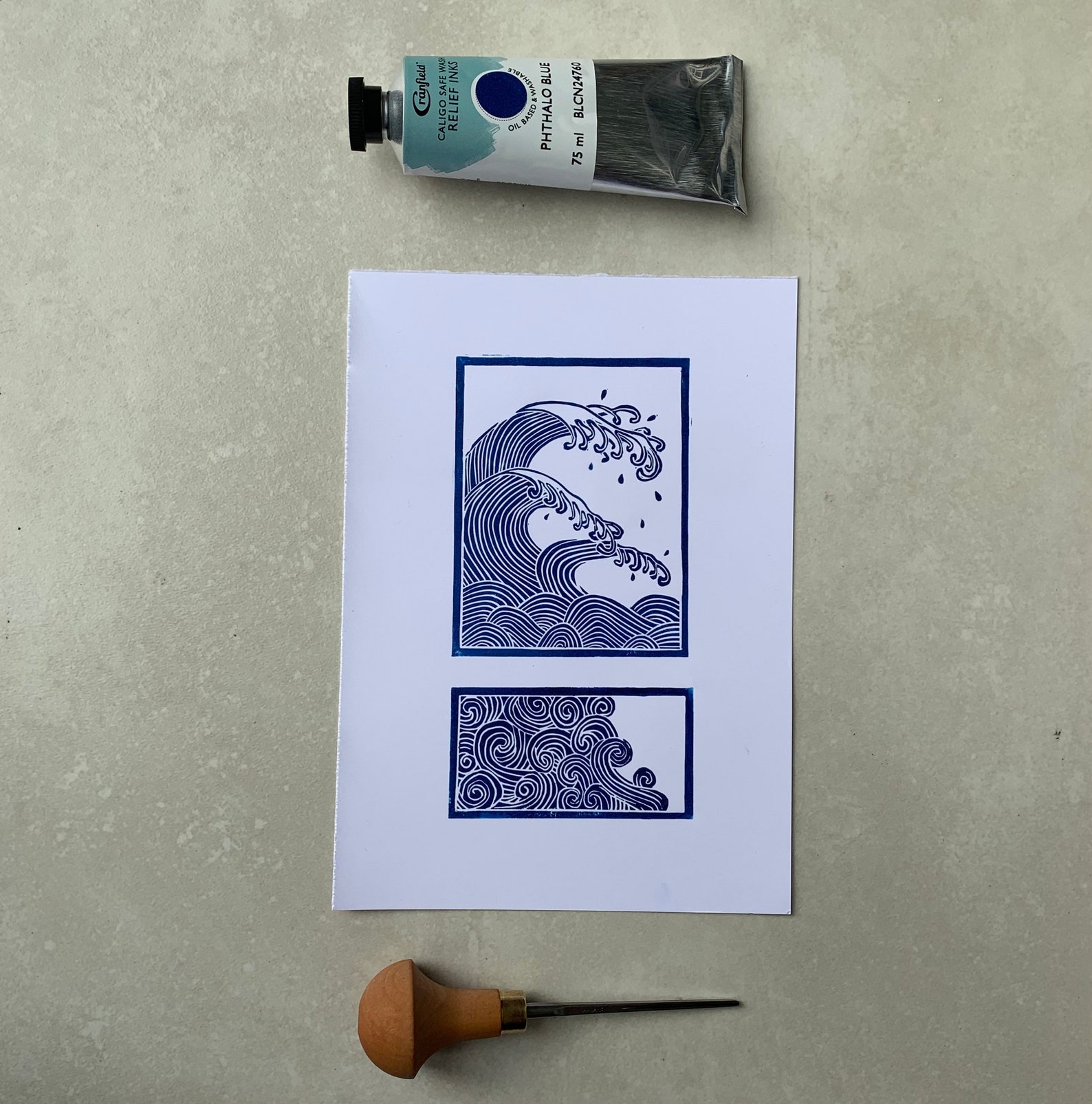 Waves A5 Original Linocut Print Wave Lino Print Waves | Etsy