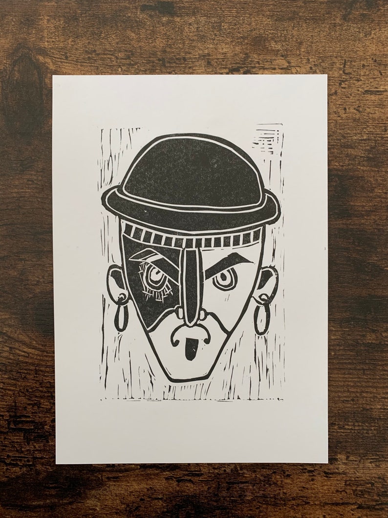 BALI FACES- Original Linocut Print, Bali Inspired, Funky Face, Abstract ...