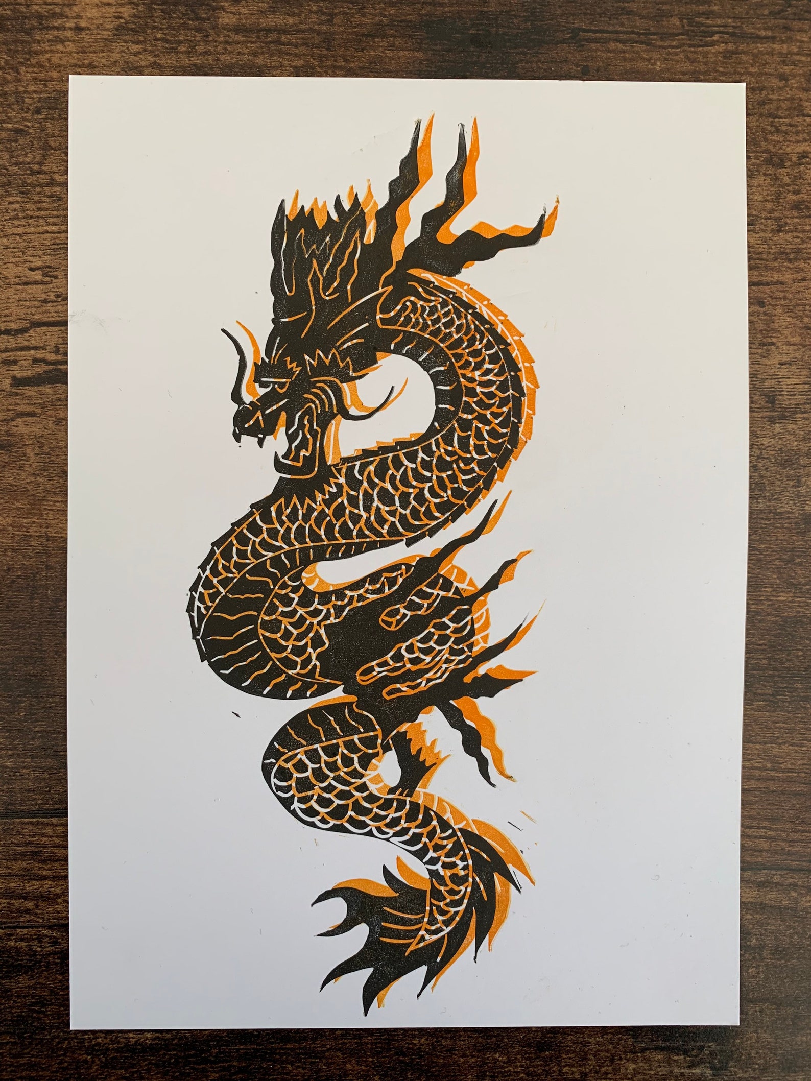 AQUA A5- Original Linocut Print, Dragon Print, Lino Print, A5 Print ...