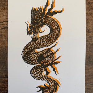 AQUA A5- Original Linocut Print, Dragon Print, Lino Print, A5 Print ...