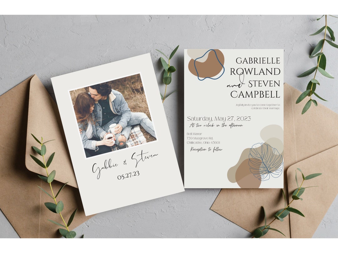 Wedding Invitation Template, Canva, Retro, Blue, Warm Tones, Elegant ...