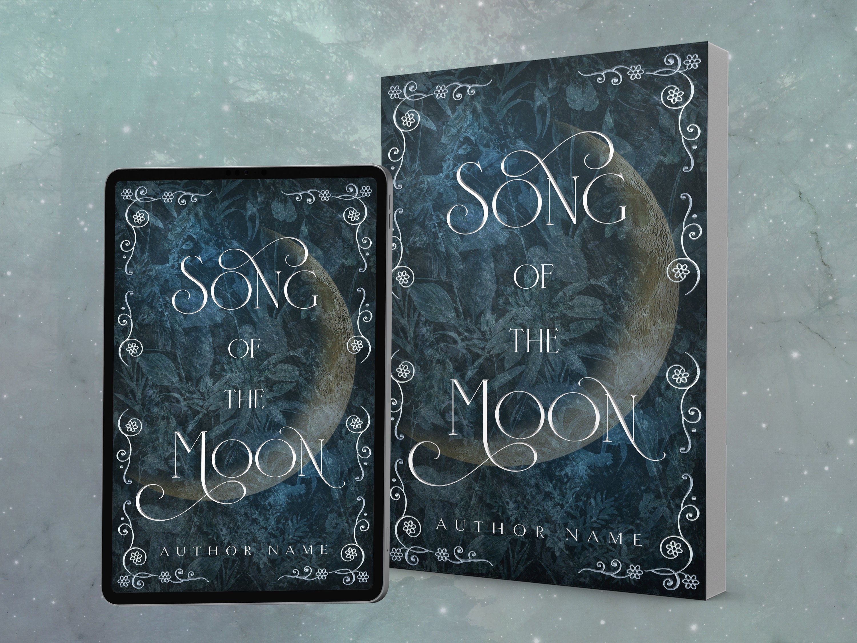 Premade Fantasy Romance Book Cover Design Floral Foliage And Moon For