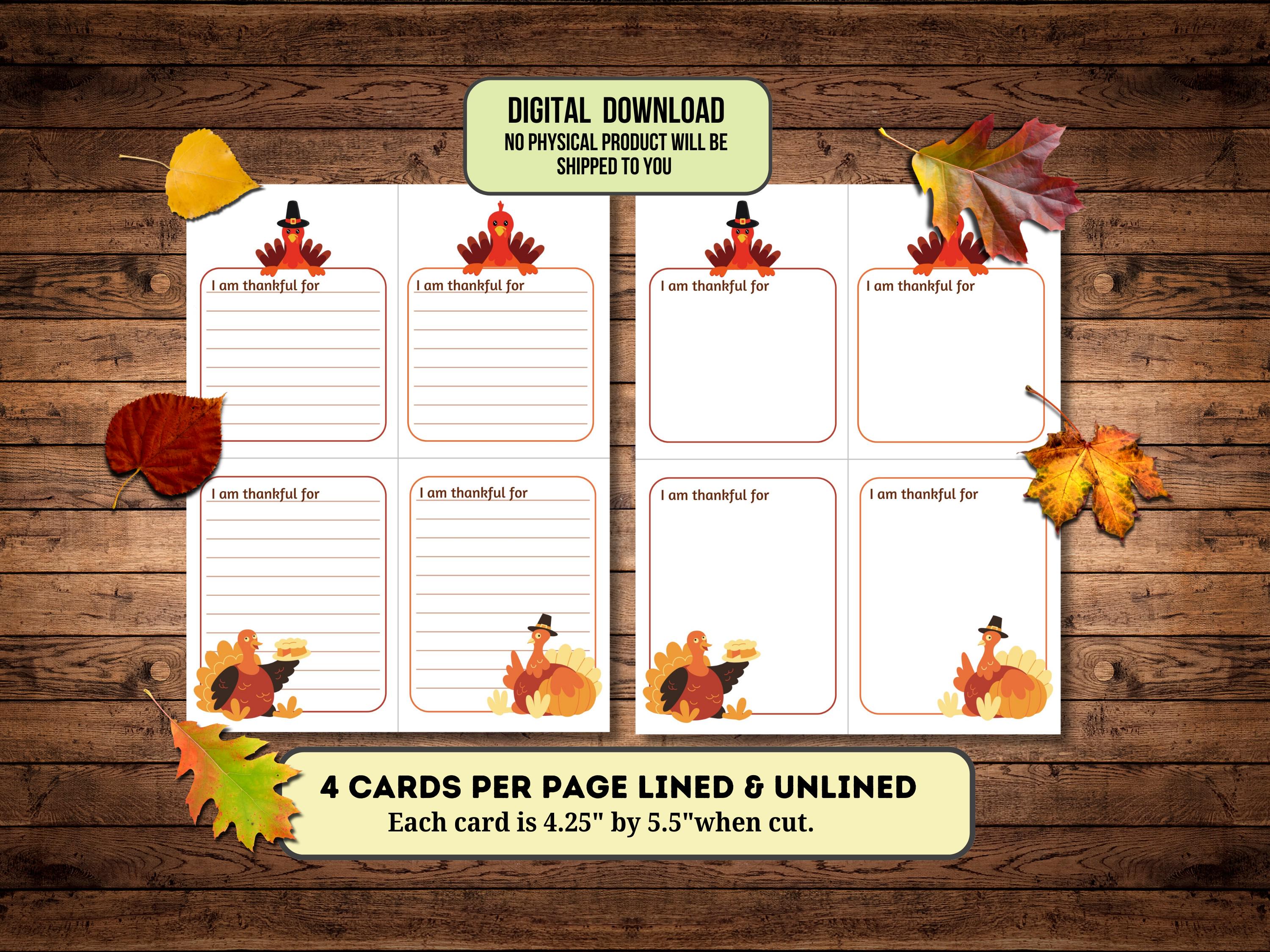 I Am Thankful for Printable Cards, Thanksgiving Fill in Cards, Turkey ...