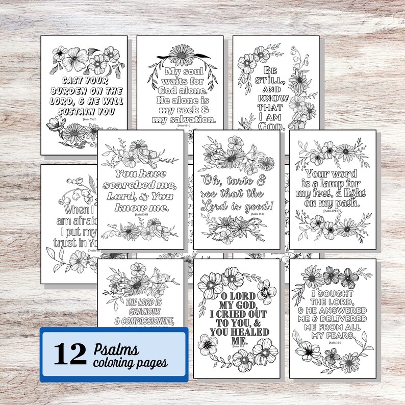 12 Psalms Coloring Pages Printable Bundle Set2, Inspiring Bible Verses ...