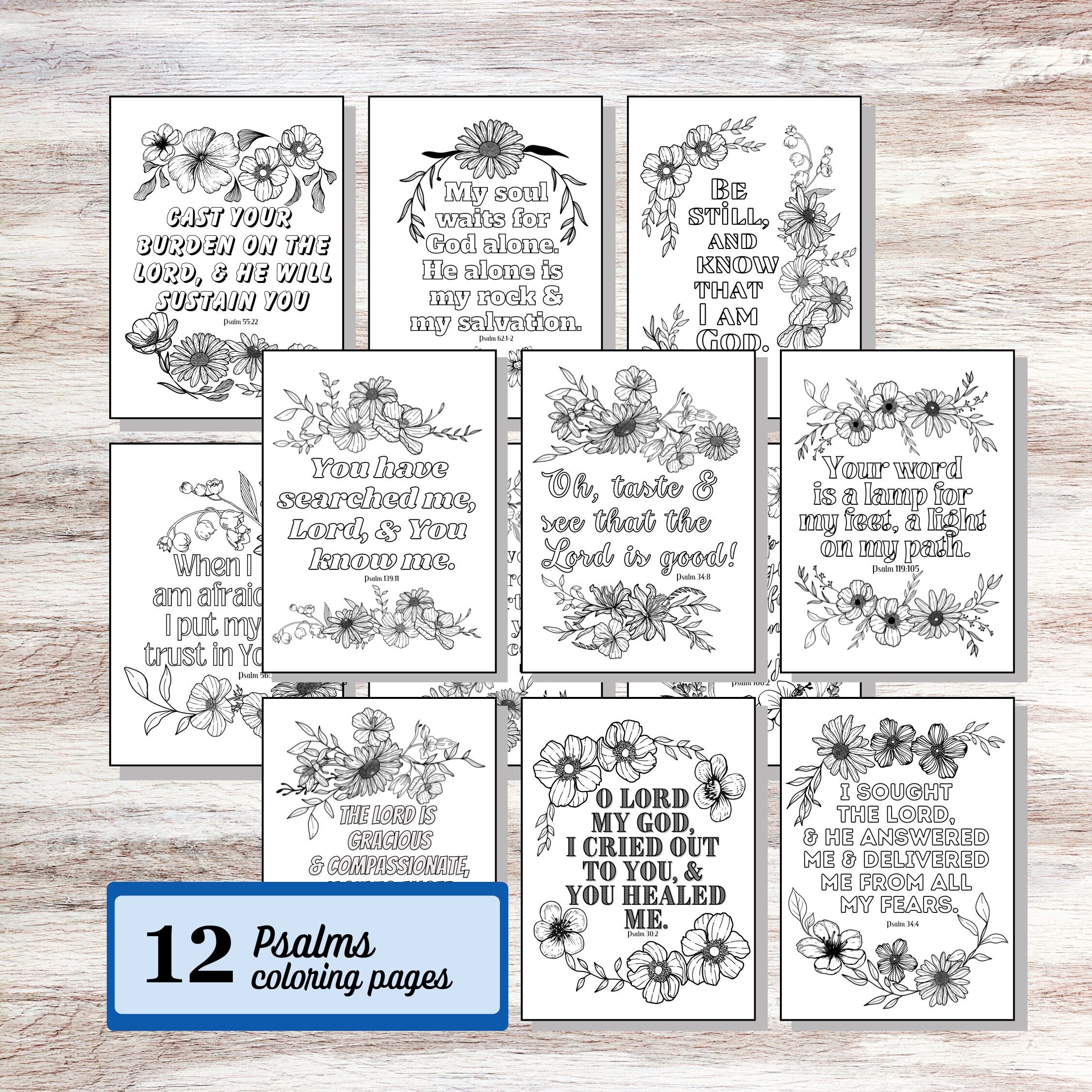 12 Psalms Coloring Pages Printable Bundle Set2, Inspiring Bible Verses ...