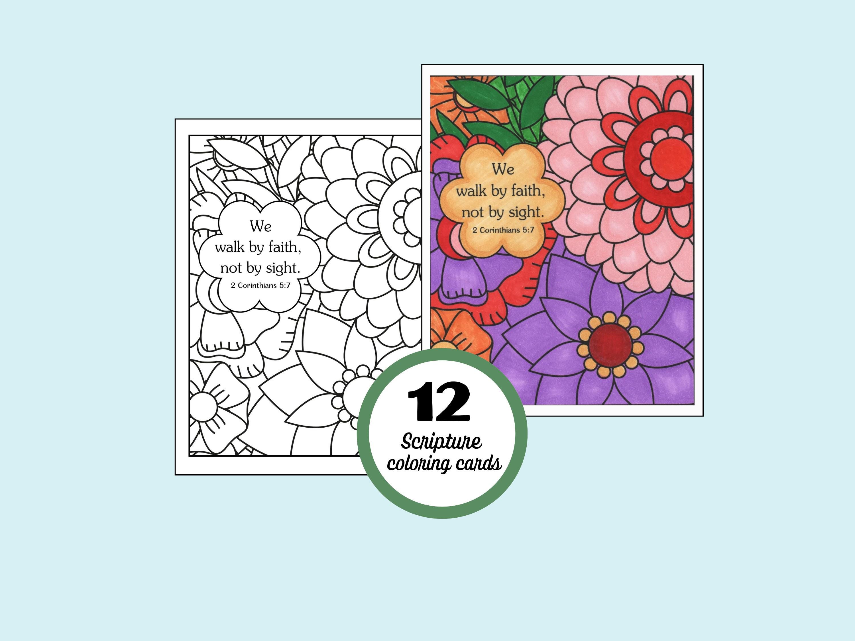 12 Printable Scripture Coloring Cards, Bible Verse Cards to Color 4"x5 ...
