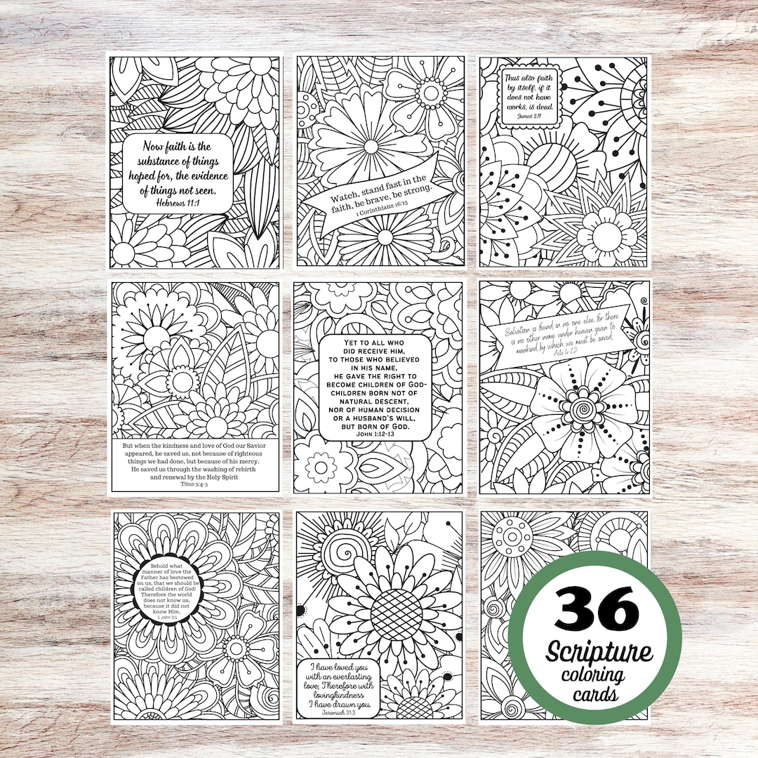 36 Printable Scripture Coloring Cards Bundle, Floral Bible Verse Cards ...