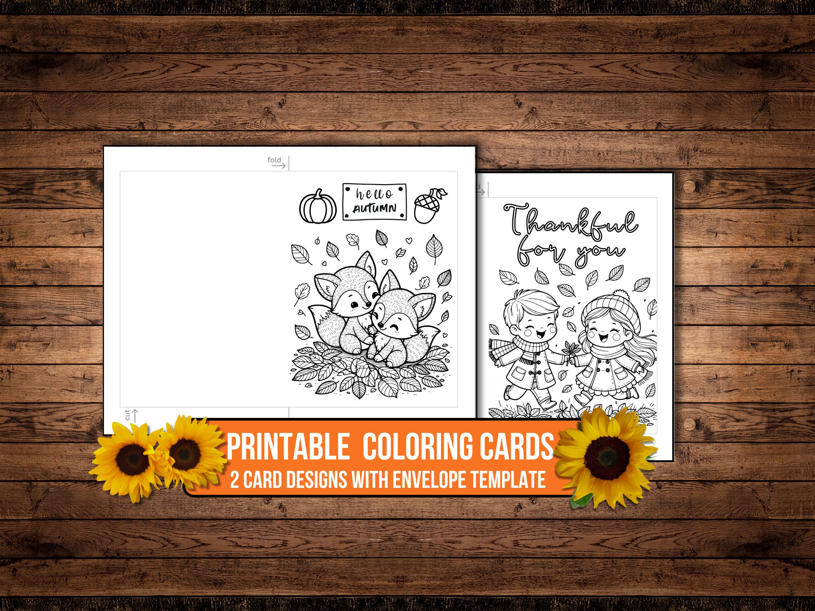 2 Printable Coloring Greeting Cards, Thanksgiving Coloring Cards ...