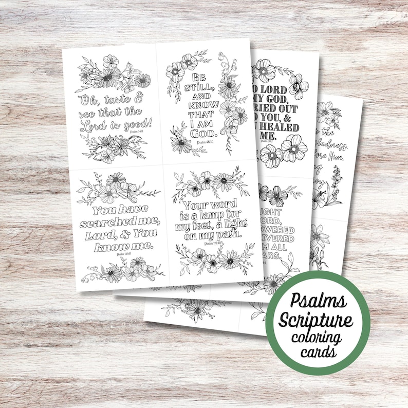 Printable Psalms Scripture Coloring Cards, 24 Christian Floral Coloring ...
