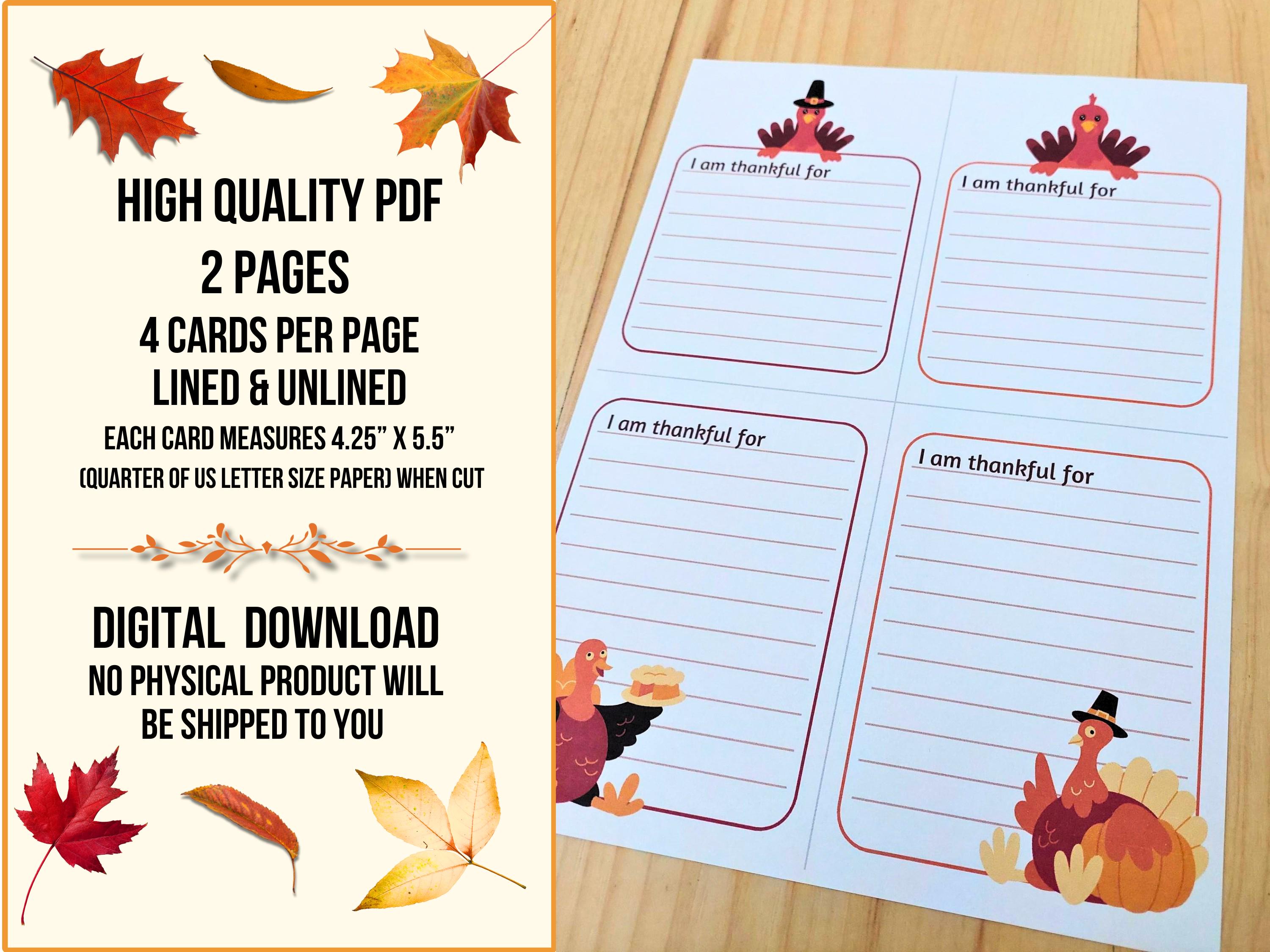 I Am Thankful for Printable Cards, Thanksgiving Fill in Cards, Turkey ...