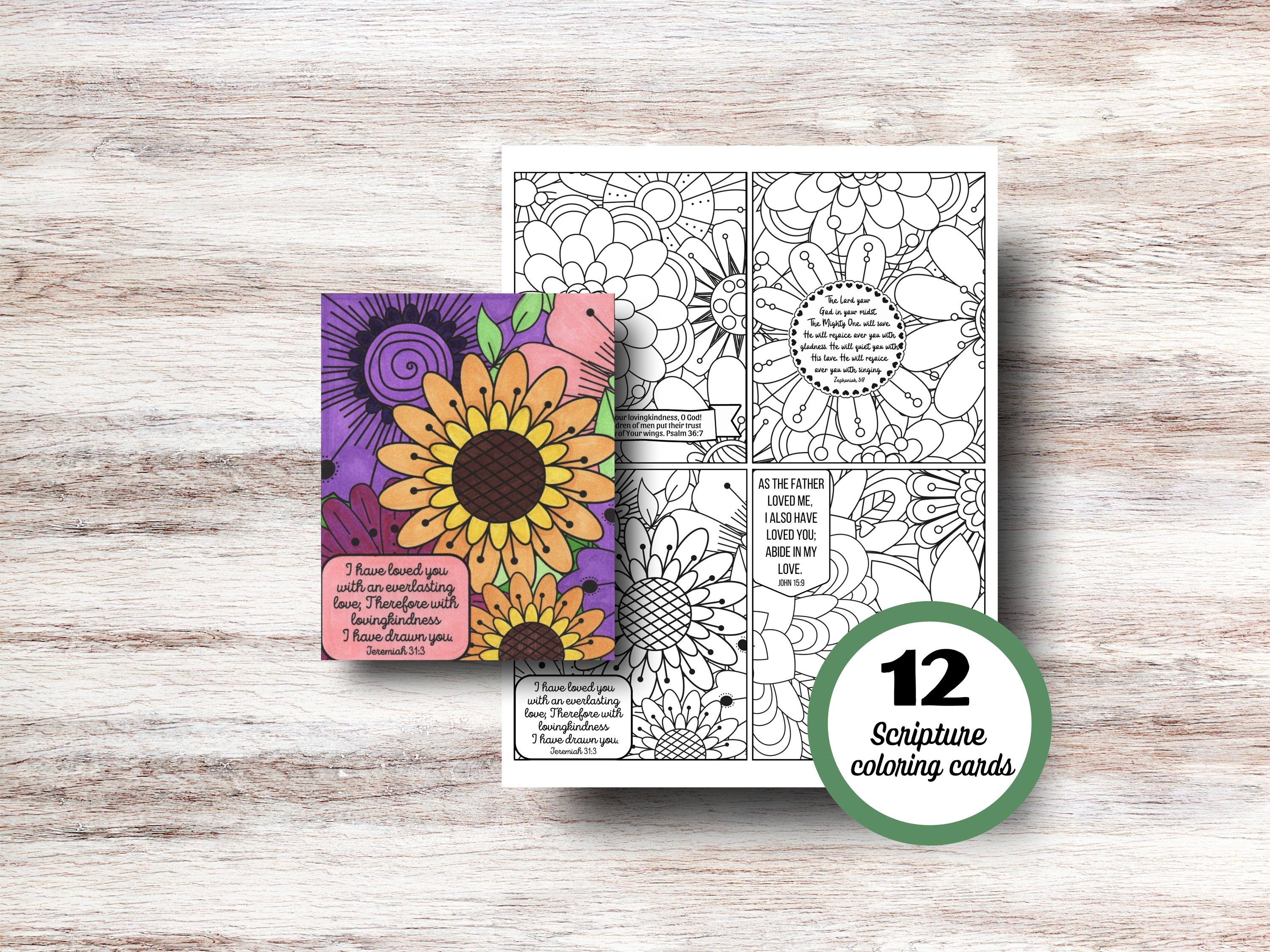 12 Printable Scripture Coloring Cards, Bible Verse Cards to Color ...