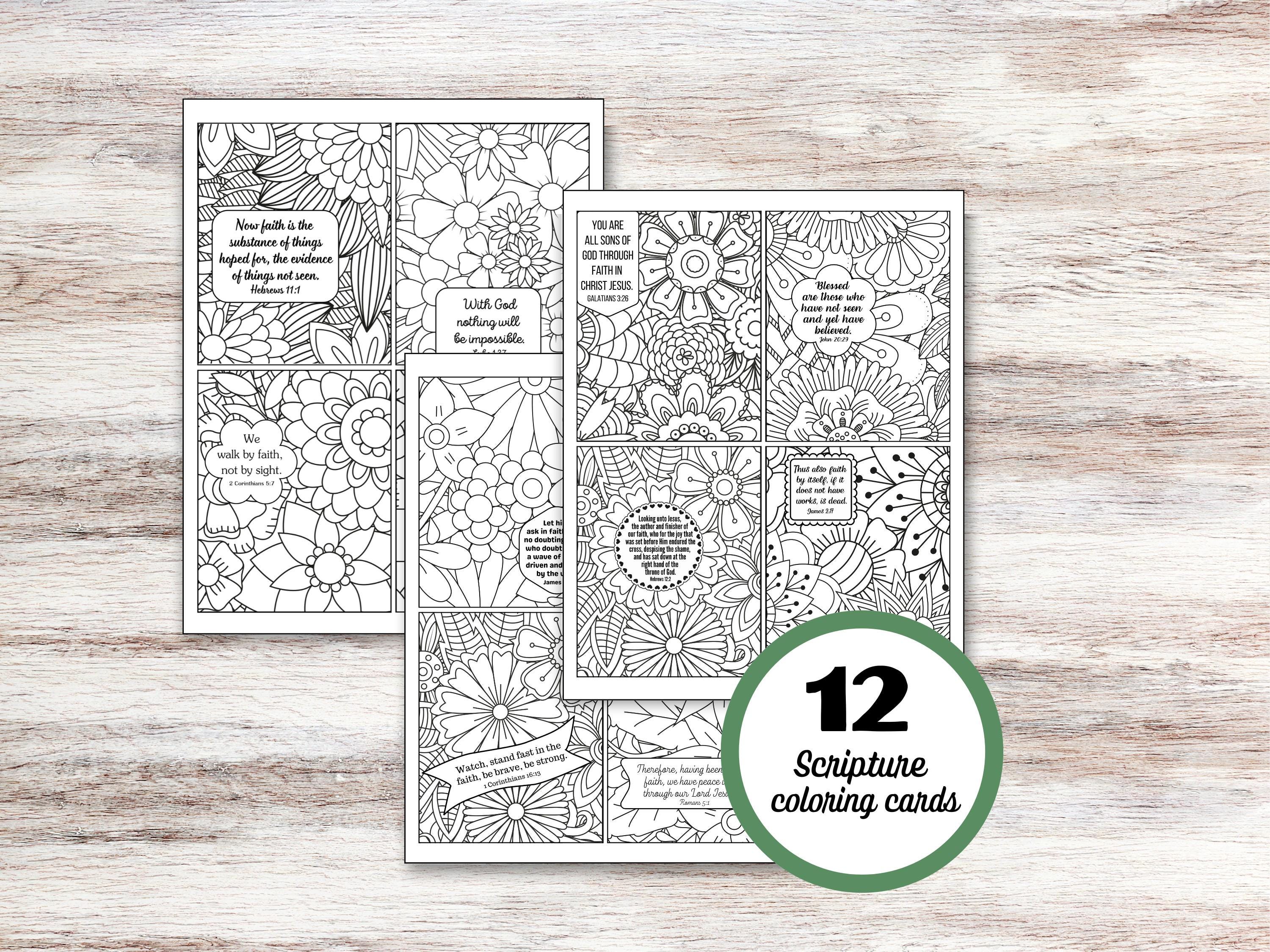 12 Printable Scripture Coloring Cards, Bible Verse Cards to Color 4"x5 ...