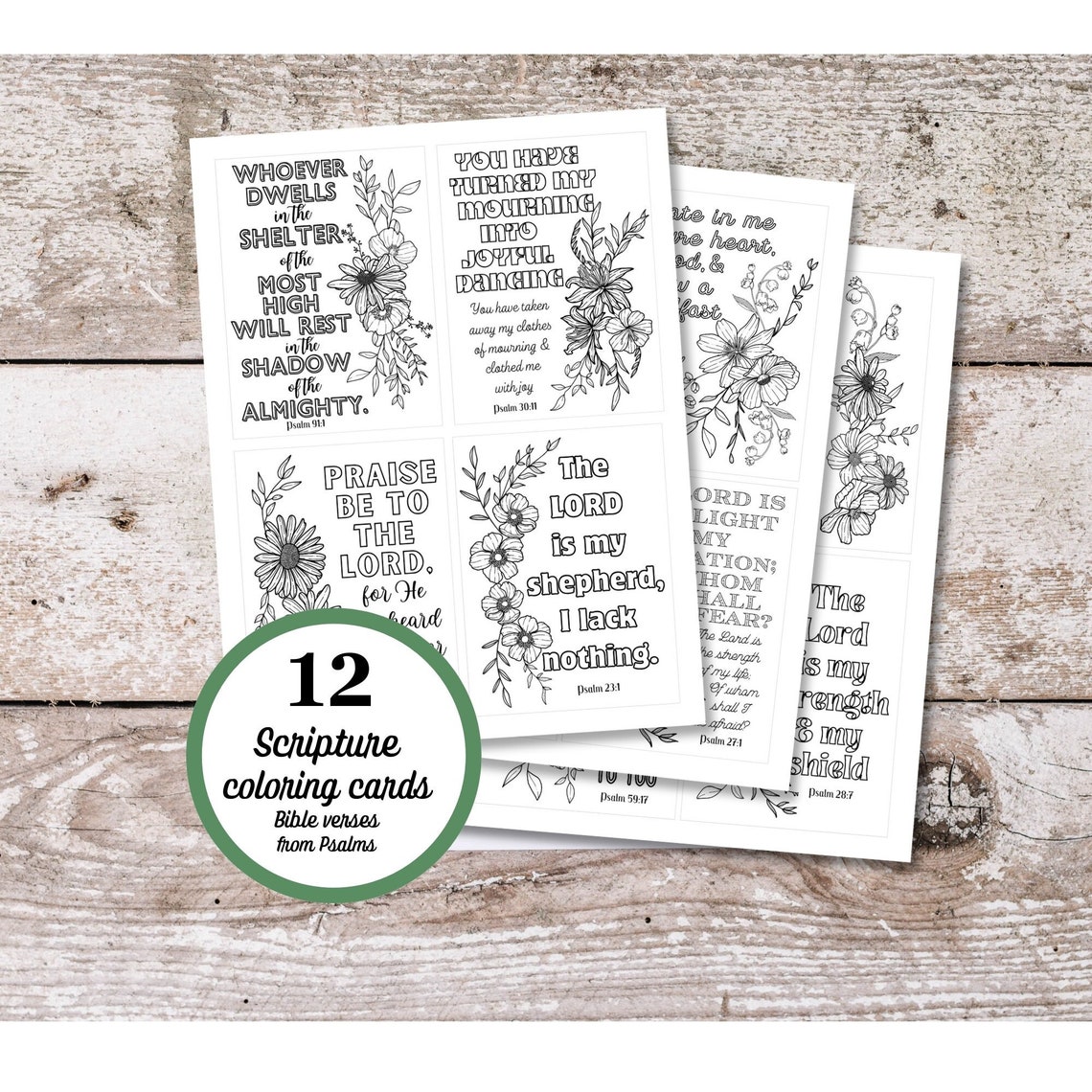 Printable Psalms Scripture Coloring Cards, 12 Christian Floral Coloring ...