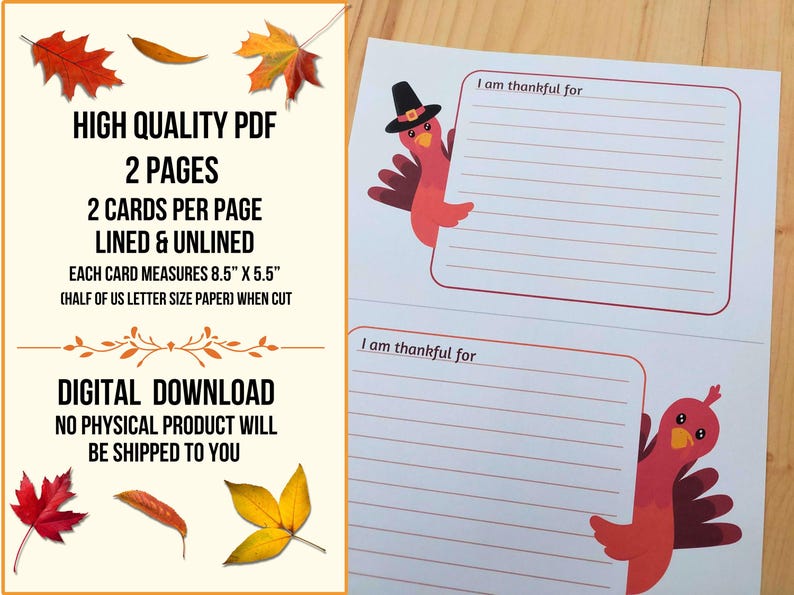 I Am Thankful for Printable Cards, Thanksgiving Activity, Turkey ...