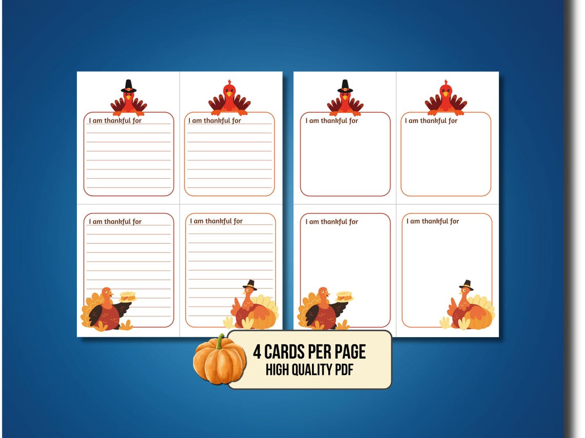 I Am Thankful for Printable Cards, Thanksgiving Fill in Cards, Turkey ...