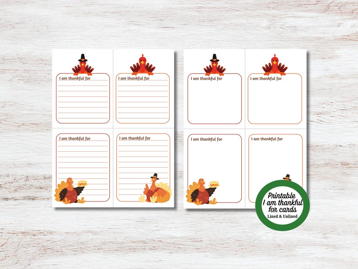 I Am Thankful for Printable Cards, Thanksgiving Fill in Cards, Turkey ...