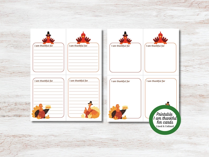 I Am Thankful for Printable Cards, Thanksgiving Fill in Cards, Turkey ...