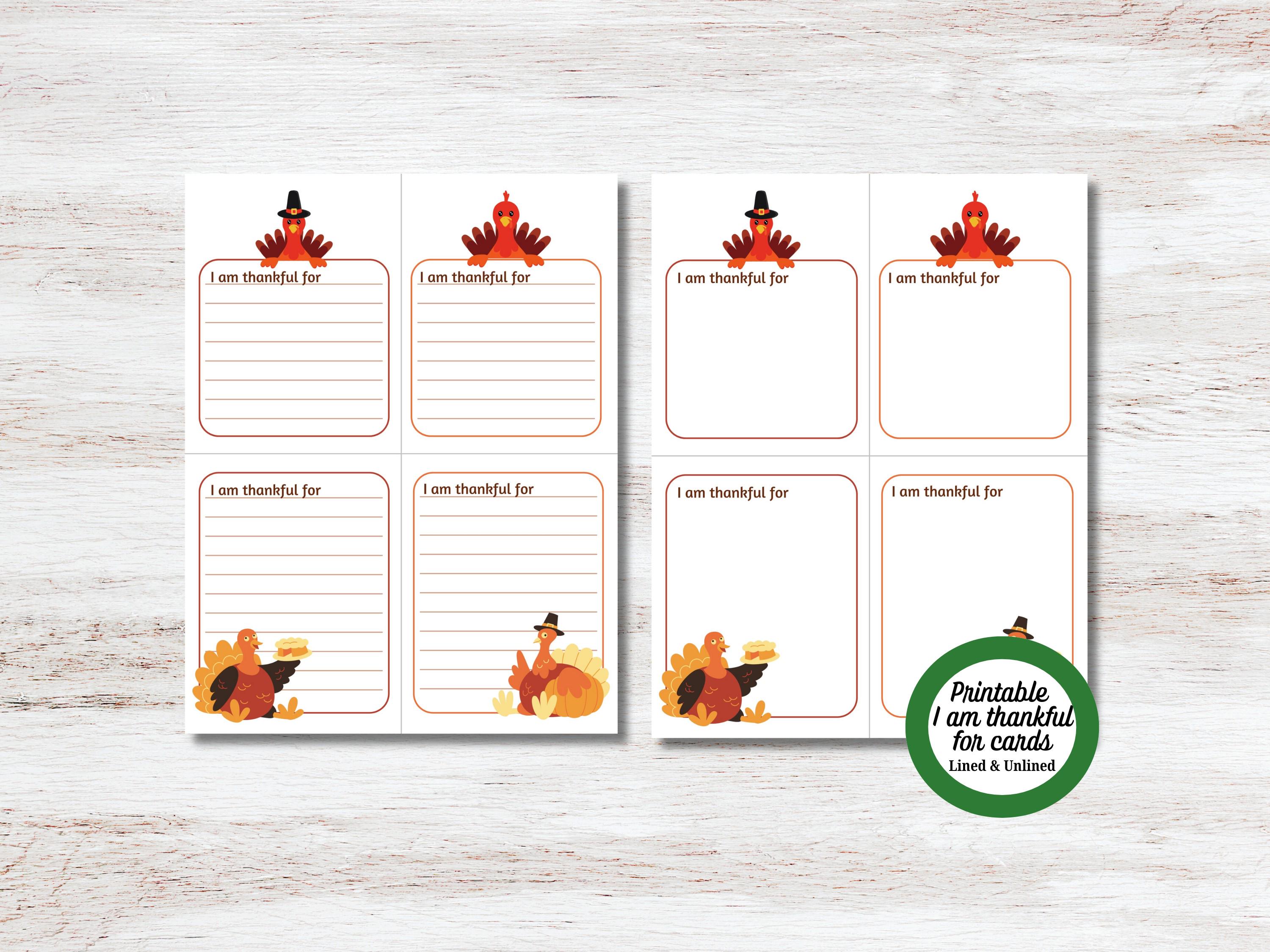 I Am Thankful for Printable Cards, Thanksgiving Fill in Cards, Turkey ...