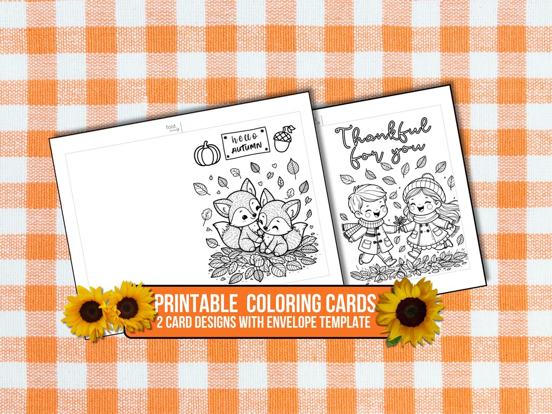 2 Printable Coloring Greeting Cards, Thanksgiving Coloring Cards ...