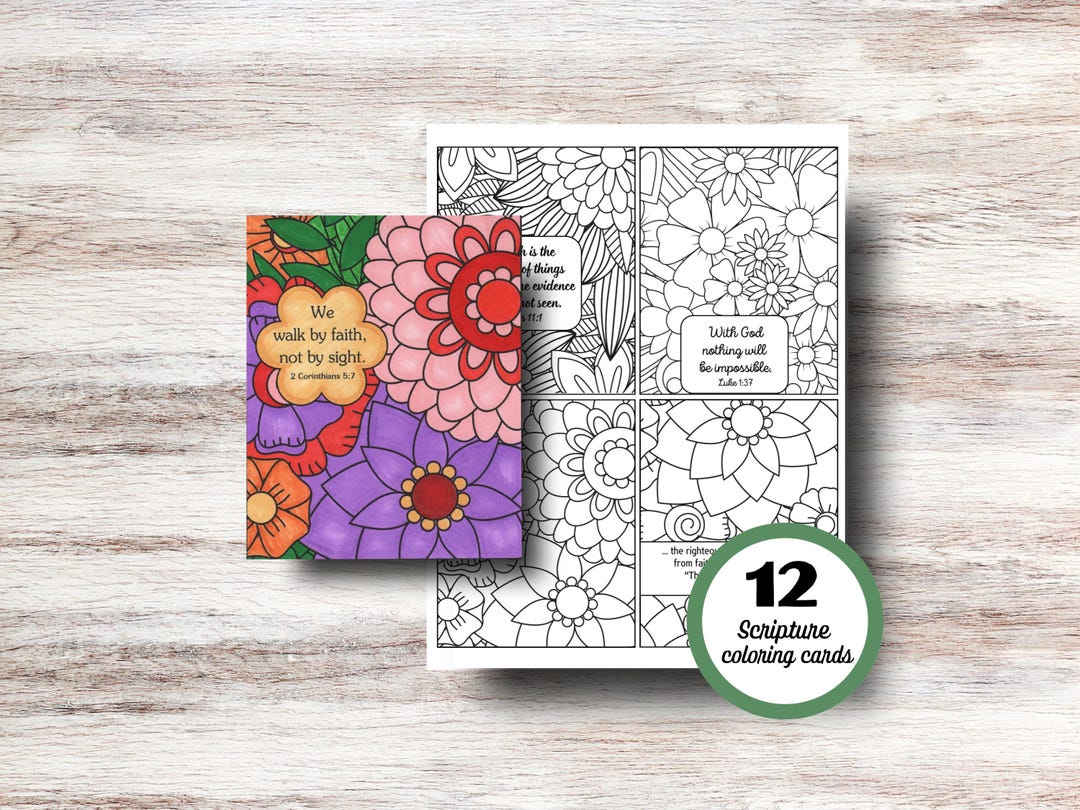 12 Printable Scripture Coloring Cards, Bible Verse Cards to Color 4"x5 ...