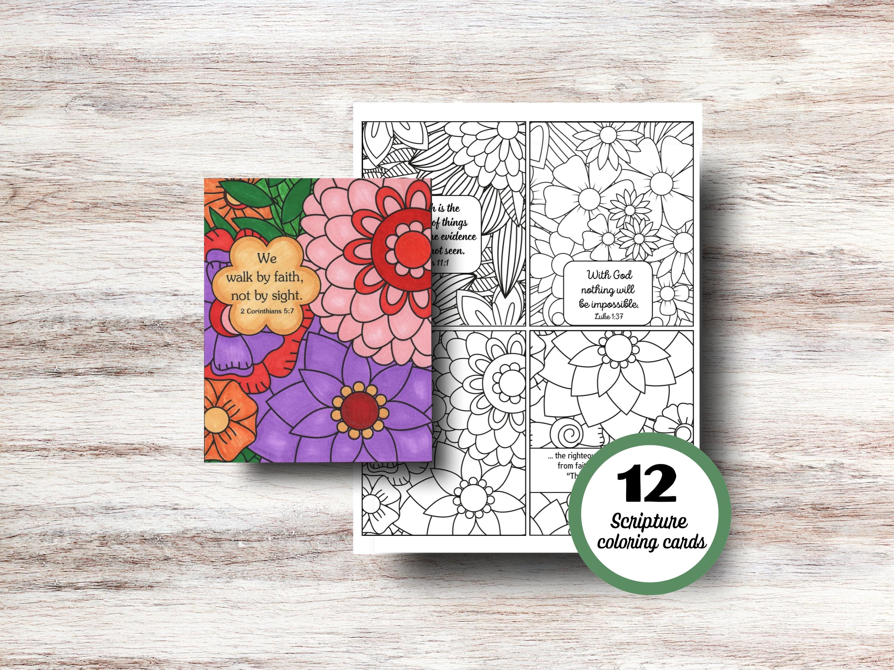 12 Printable Scripture Coloring Cards, Bible Verse Cards to Color 4"x5 ...