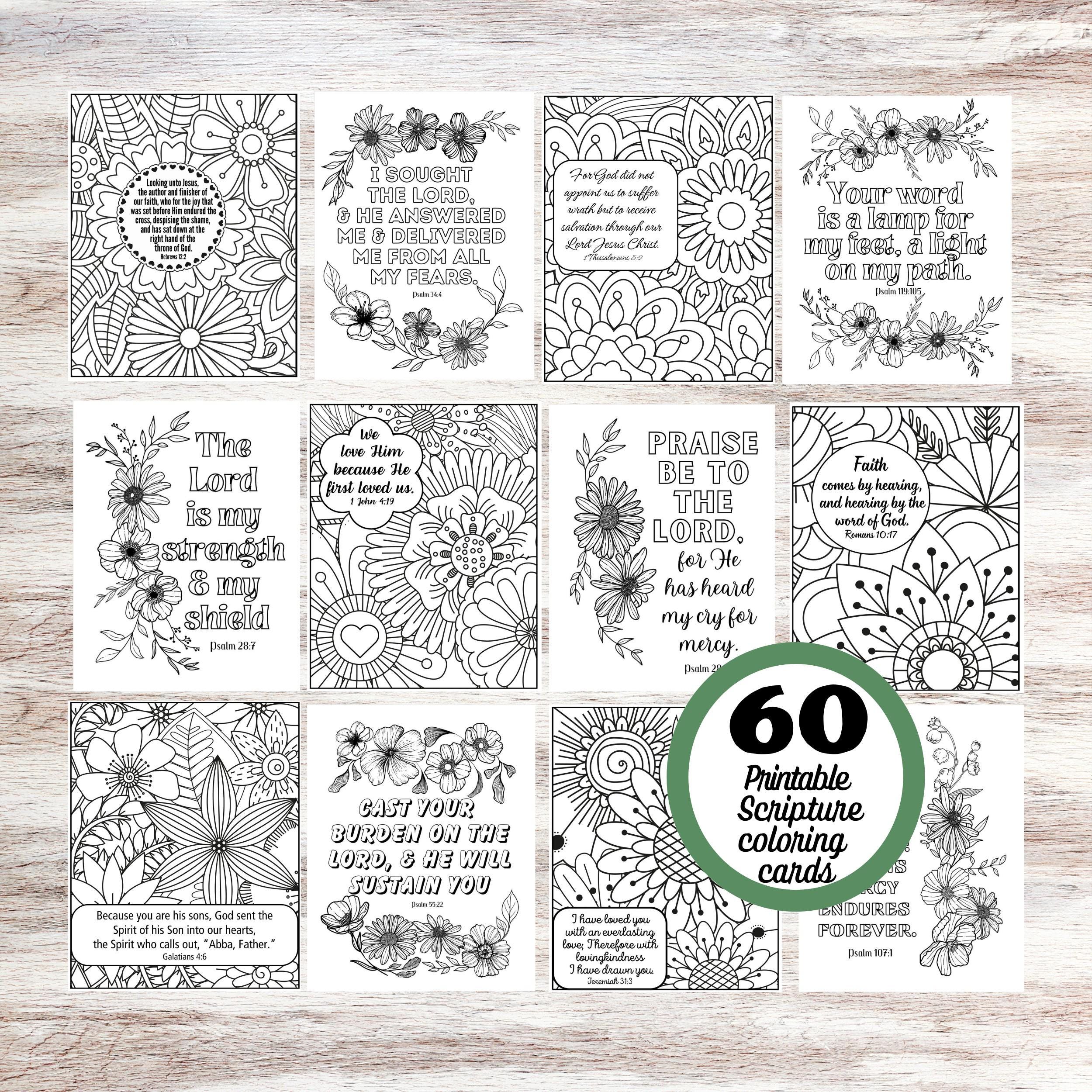 60 Printable Scripture Coloring Cards, Huge Bundle Floral Bible Verse ...
