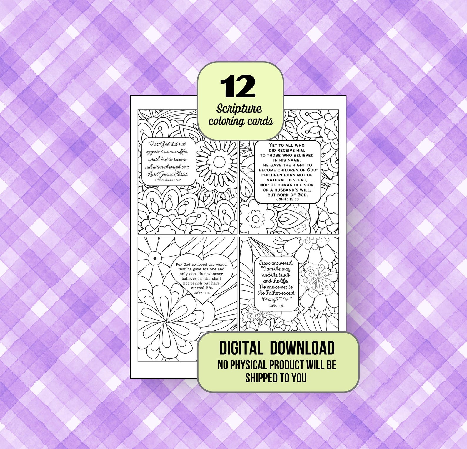 12 Printable Scripture Coloring Cards, Bible Verse Cards to Color ...