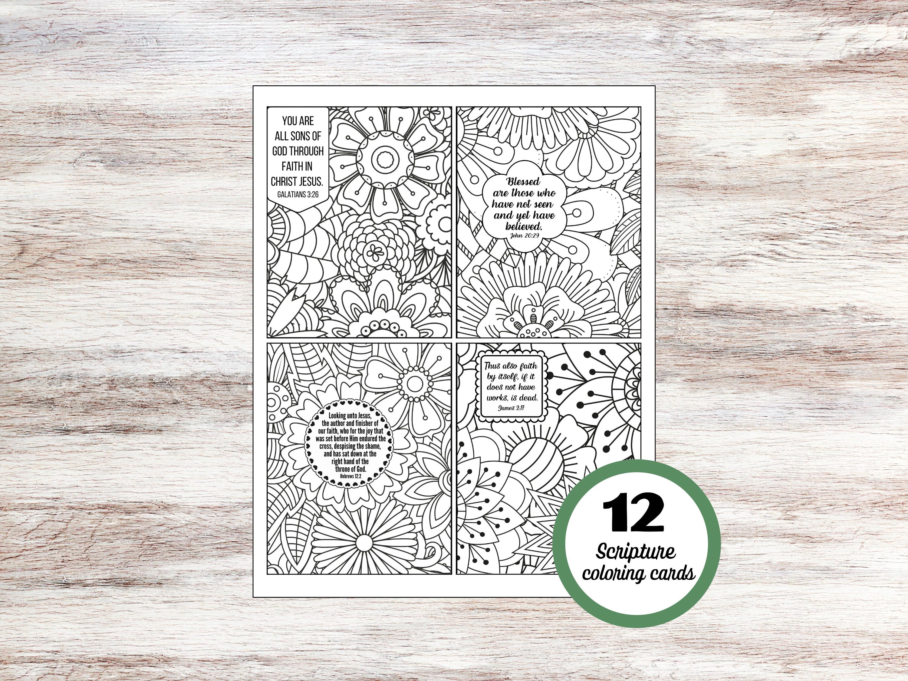 12 Printable Scripture Coloring Cards, Bible Verse Cards to Color 4"x5 ...