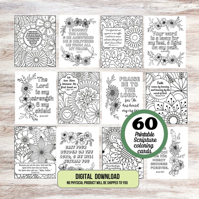 60 Printable Scripture Coloring Cards Huge Bundle Floral Bible Verse ...