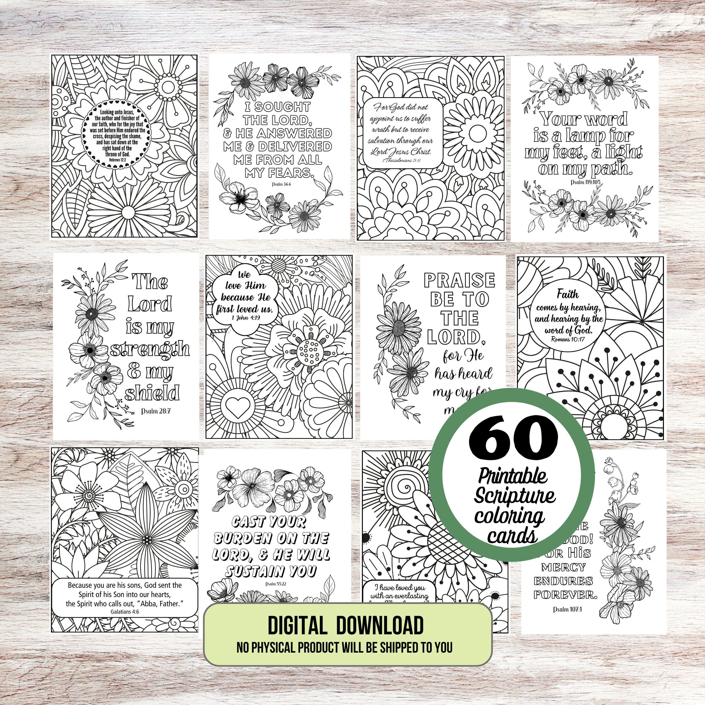 60 Printable Scripture Coloring Cards Huge Bundle Floral Bible Verse ...