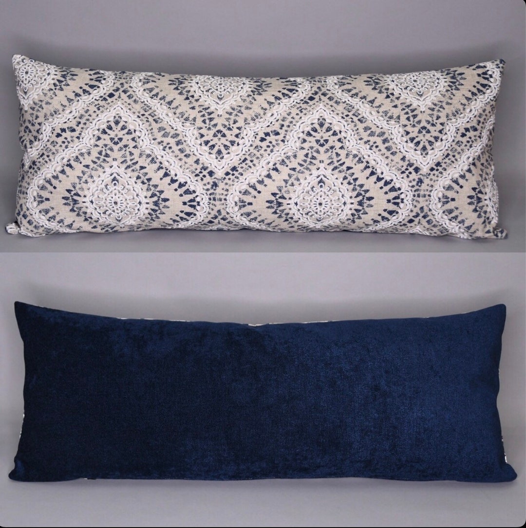 14”x36” Long Couch Lumbar Waverly Curves Ahead Navy Blue Natural White ...