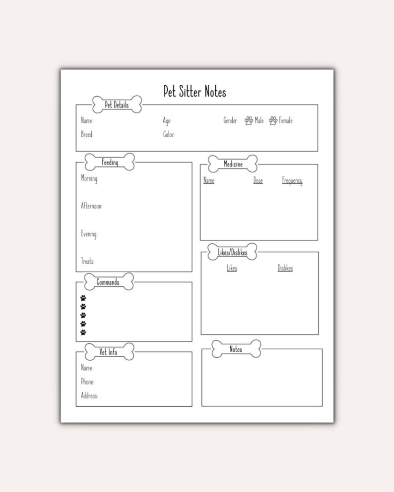 Pet Sitter Notes Digital Download Printable for Dogs/cats/pets Sitter ...