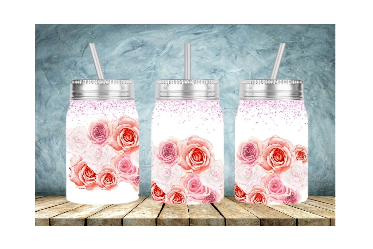Pink Rose Glitter Mason Jar,17 Oz Mason Jar Tumbler,sublimation Design ...