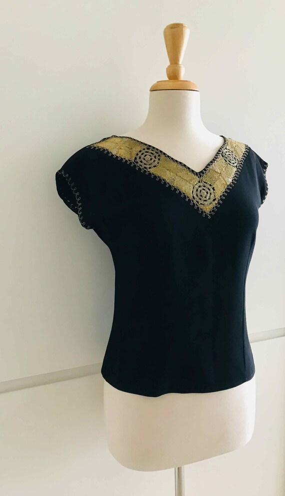 Stunning Black Crepe / Metallic Gold Hand Embroidered… - Gem